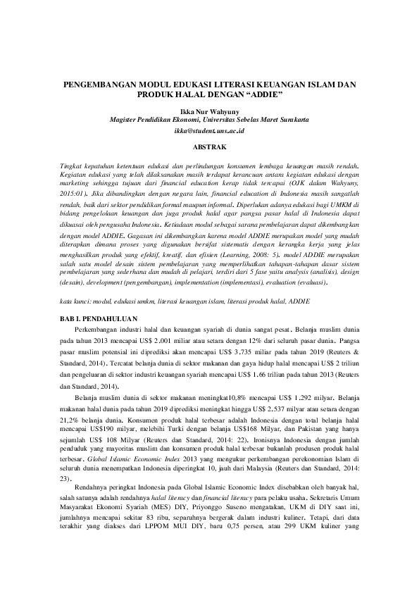 (PDF) Pengembangan Modul Edukasi Literasi Keuangan Islam Dan Produk Halal Dengan “Addie”