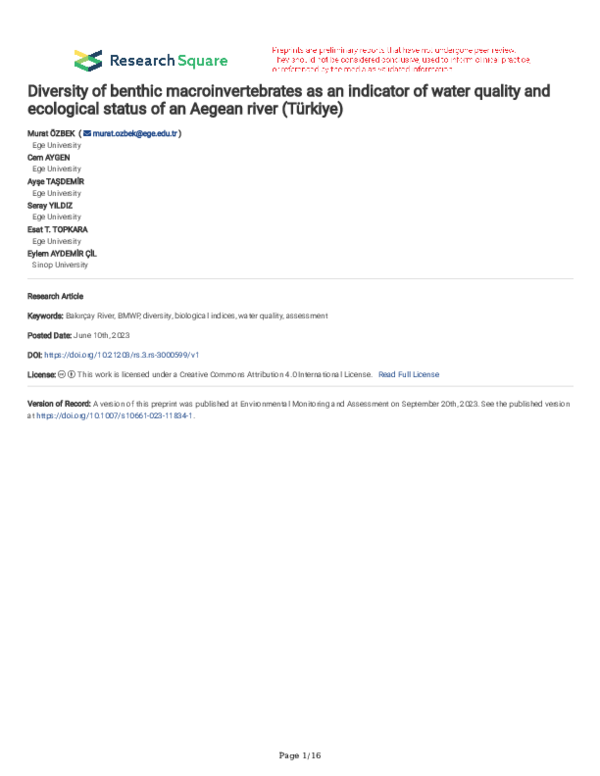 (PDF) Diversity of benthic macroinvertebrates as an indicator of water ...