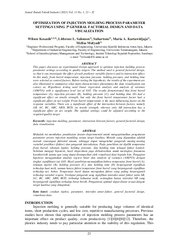 Pdf Optimization Of Injection Molding Process Parameter Settings