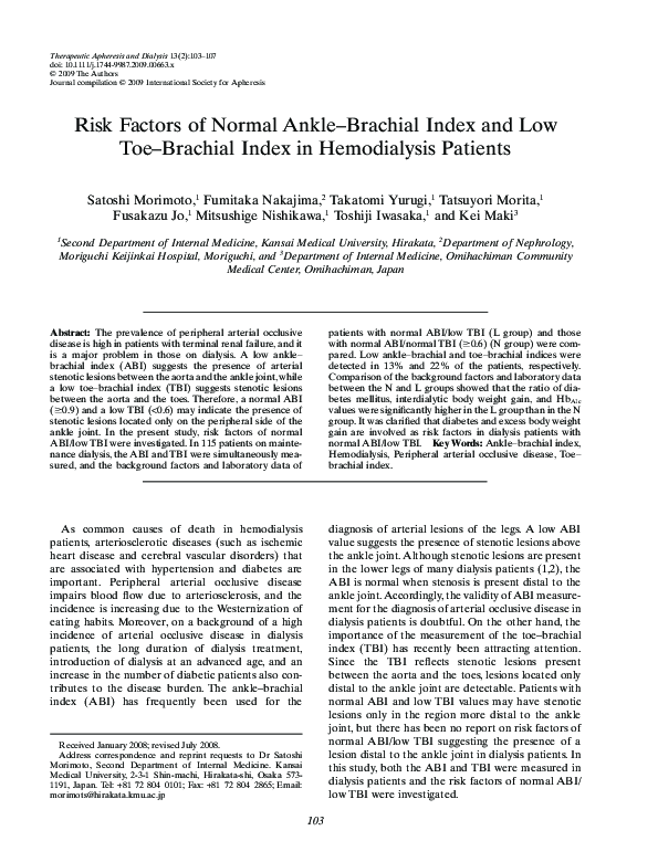 (PDF) Risk Factors of Normal Ankle-Brachial Index and Low Toe-Brachial ...