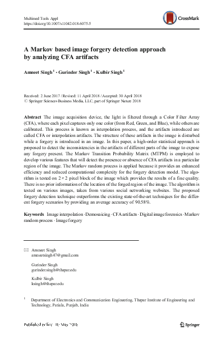 Pdf A Markov Based Image Forgery Detection Approach By Analyzing Cfa Artifacts Amneet Singh