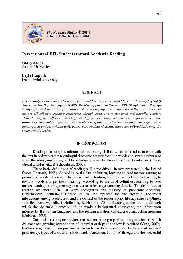 (PDF) Perceptions of EFL Students toward Academic Reading