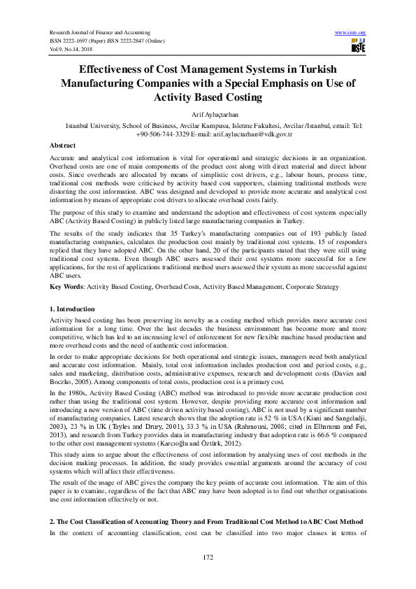 (PDF) Effectiveness of Cost Management Systems in Turkish Manufacturing ...
