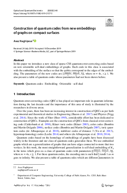 (PDF) Construction of quantum codes from new embeddings of graphs on ...