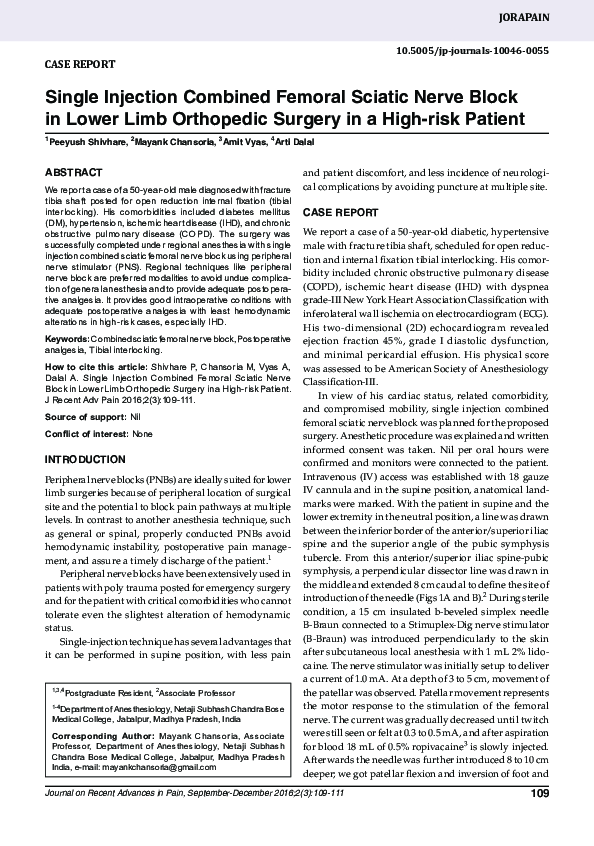 (PDF) Single Injection Combined Femoral Sciatic Nerve Block in Lower ...