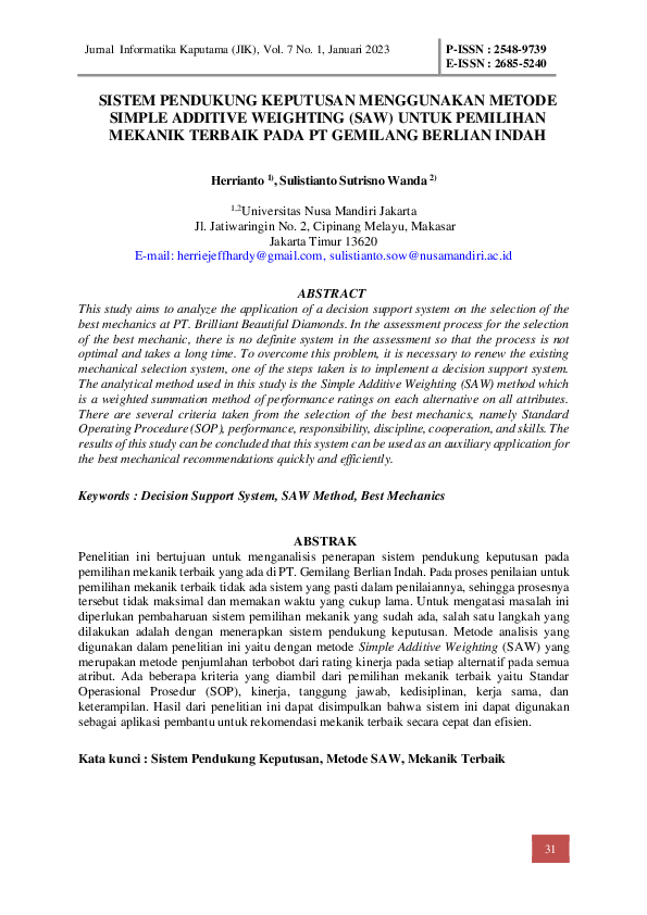 (PDF) Sistem Pendukung Keputusan Menggunakan Metode Simple Additive Weighting (Saw) Untuk ...
