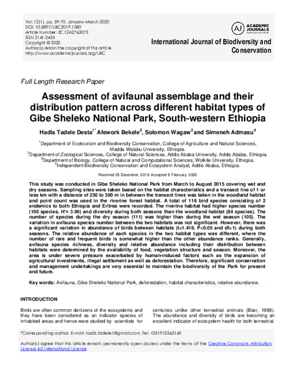 (PDF) Assessment of avifaunal assemblage and their distribution pattern ...