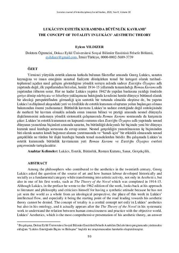 (PDF) The Concept of Totality in Lukács' Aesthetic Theory