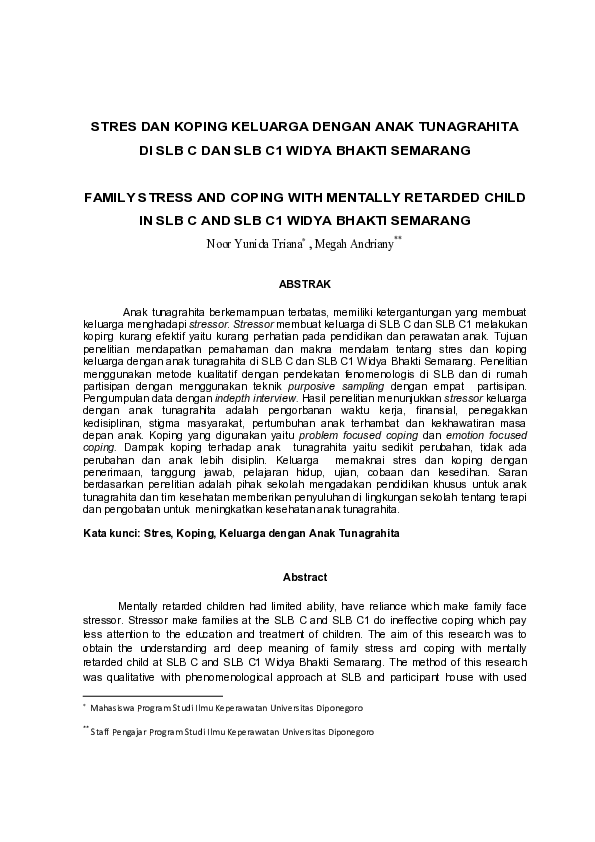 (PDF) Stres dan Koping Keluarga dengan Anak Tunagrahita di SLB C dan SLB C1 Widya Bhakti Semarang