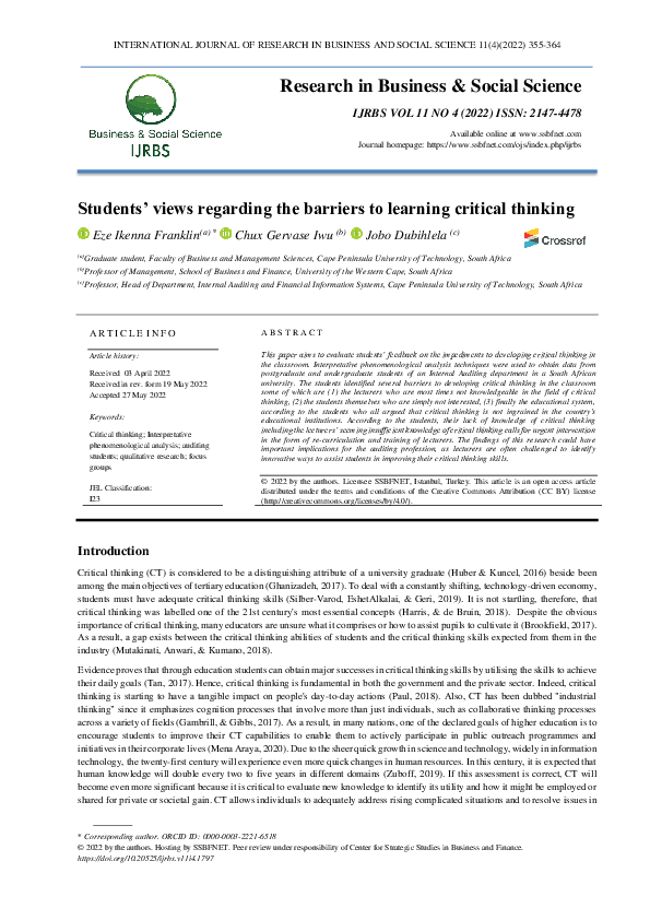 (PDF) Students’ views regarding the barriers to learning critical thinking