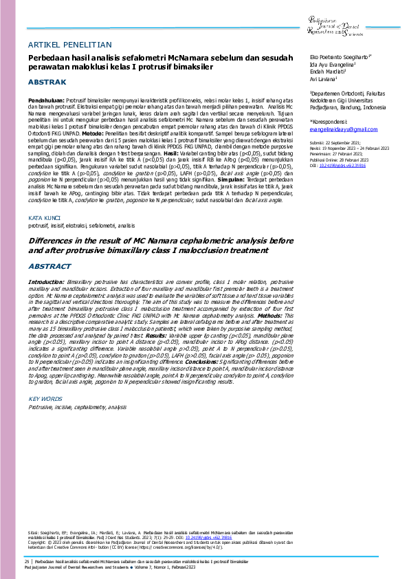 (PDF) Perbedaan hasil analisis sefalometri McNamara sebelum dan sesudah ...