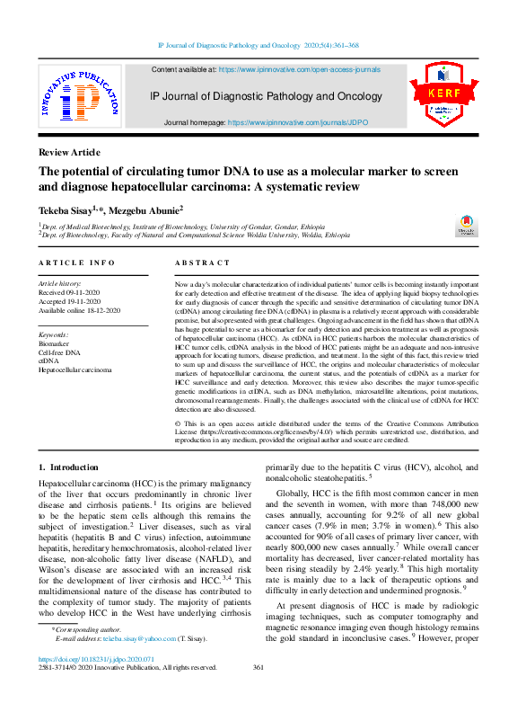 Pdf The Potential Of Circulating Tumor Dna To Use As A Molecular Marker To Screen And Diagnose