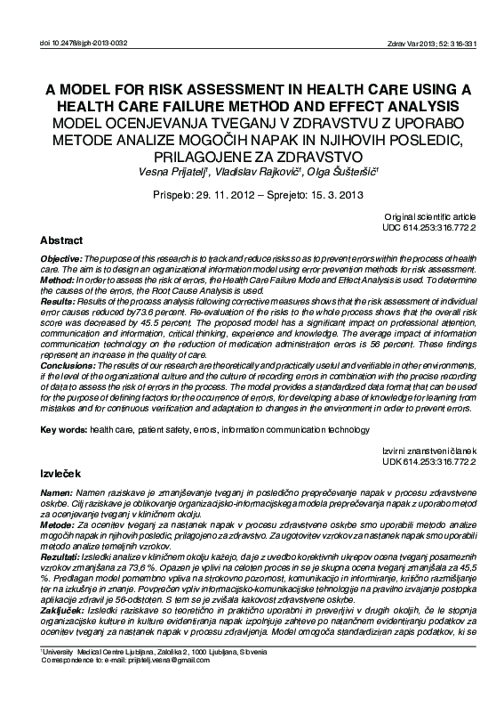 (PDF) A Model for Risk Assessment in Health Care Using a Health Care ...