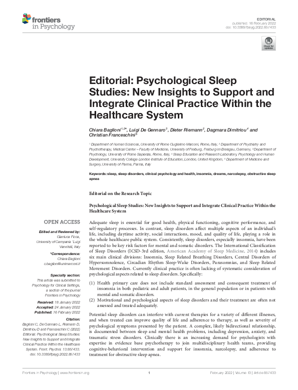 (PDF) Editorial: Psychological Sleep Studies: New Insights to Support ...
