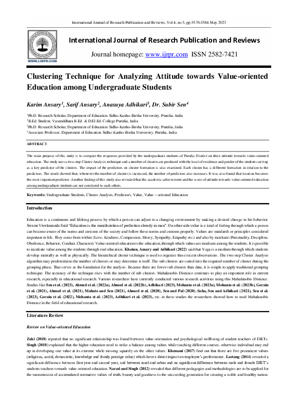 (PDF) Clustering Technique for Analyzing Attitude towards Value-oriented Education among ...