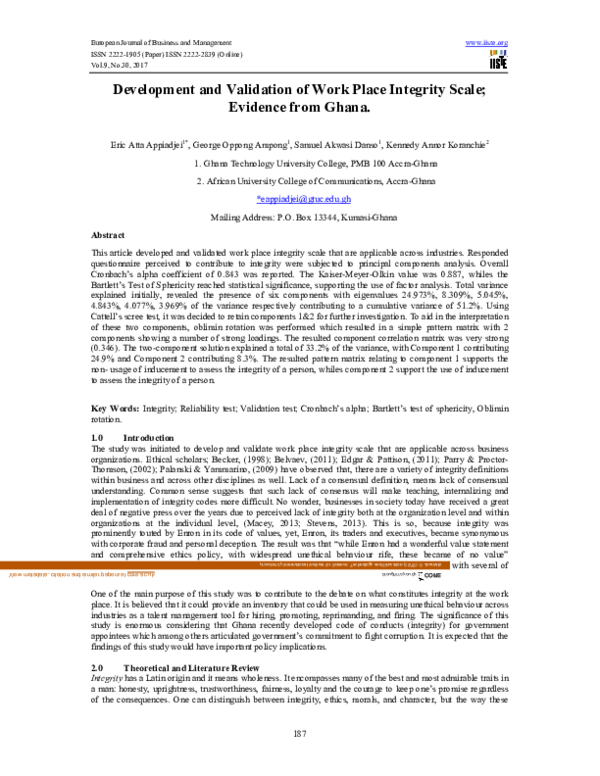 (PDF) Development and Validation of Work Place Integrity Scale ...