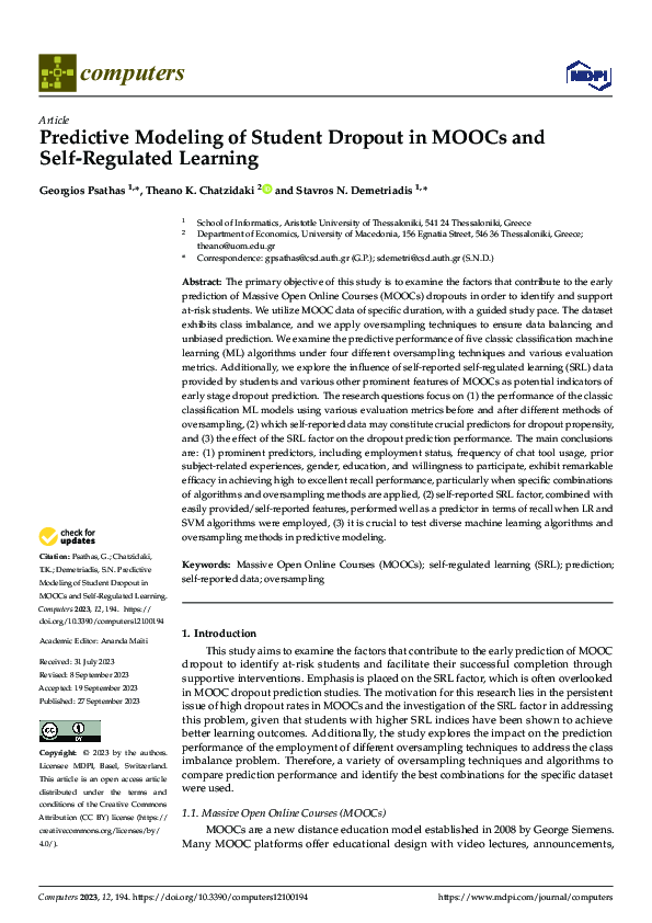 (PDF) Predictive Modeling of Student Dropout in MOOCs and Self-Regulated Learning