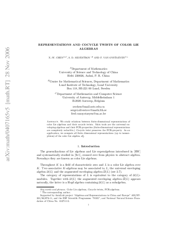(PDF) Representations and Cocycle Twists of Color Lie Algebras
