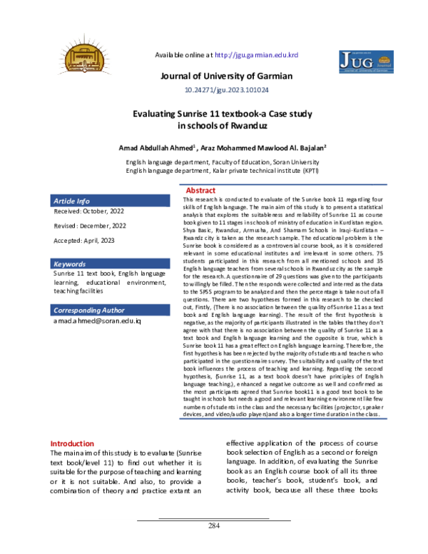 (PDF) Evaluating Sunrise 11 textbook-a Case study in schools of Rwanduz