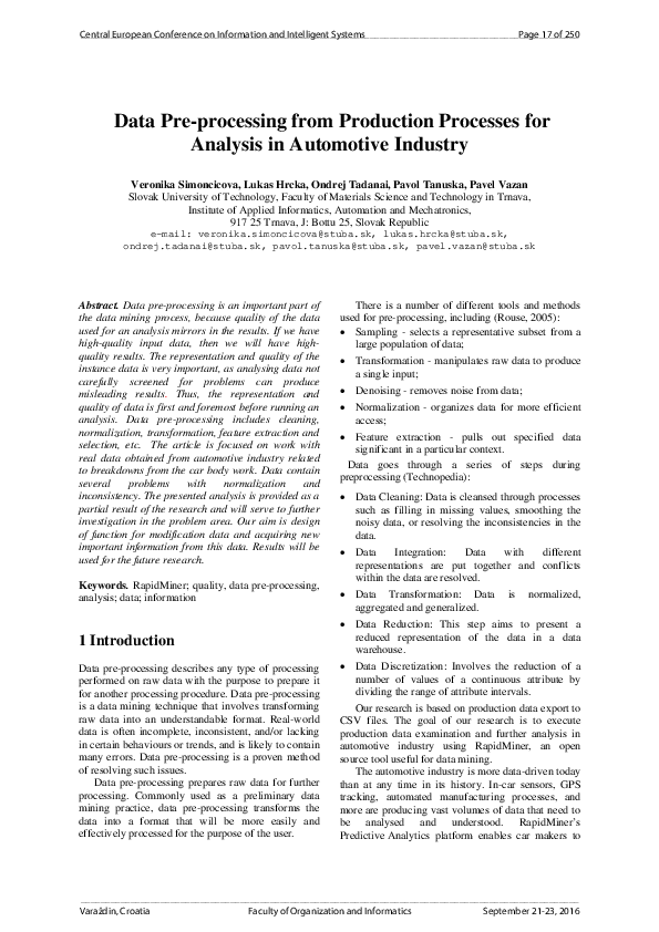 (PDF) Data Pre-processing from Production Processes for Analysis in Automotive Industry