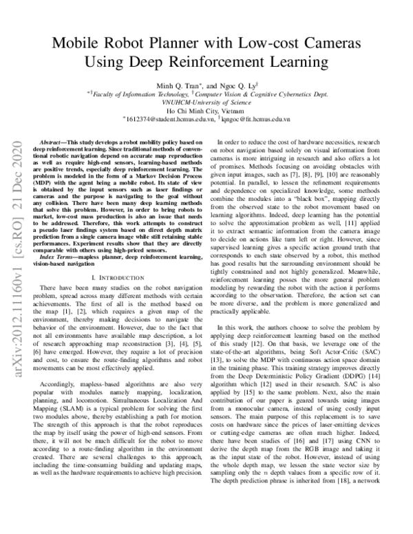 (PDF) Mobile Robot Planner with Low-cost Cameras Using Deep Reinforcement Learning