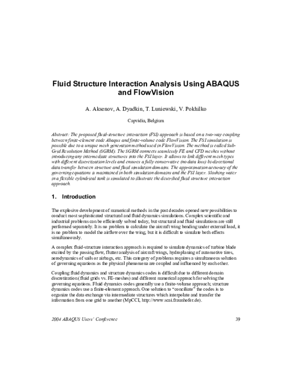 (PDF) Fluid Structure Interaction Analysis Using ABAQUS and FlowVision