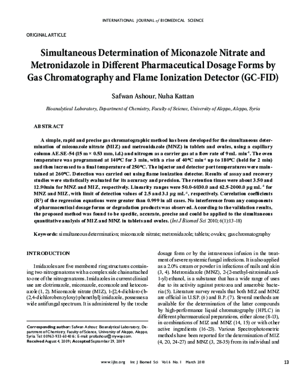 (PDF) Simultaneous Determination of Miconazole Nitrate and Metronidazole in Different ...