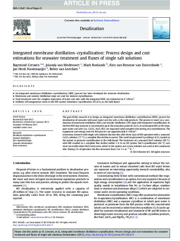 (PDF) Integrated membrane distillation–crystallization: Process design ...