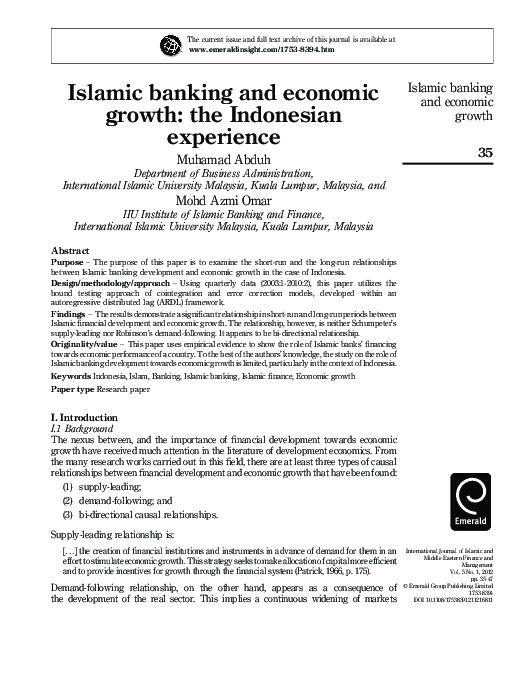 (PDF) Islamic banking and economic growth: the Indonesian experience