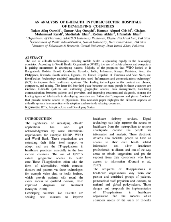 (PDF) An Analysis of E-Health in Public Sector Hospitals of Developing ...