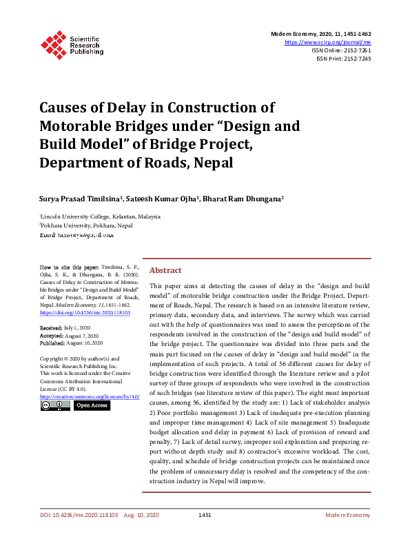 (PDF) Causes of Delay in Construction of Motorable Bridges under ...