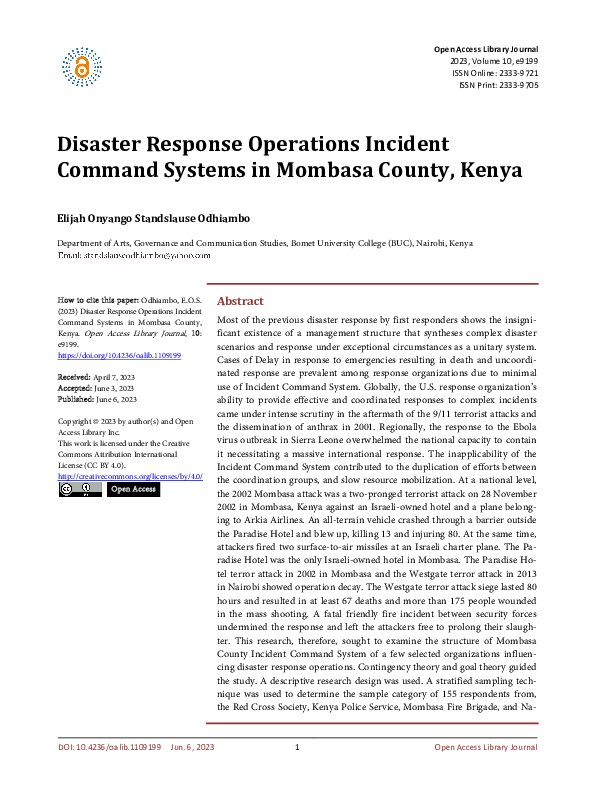 (PDF) Disaster Response Operations Incident Command Systems in Mombasa ...