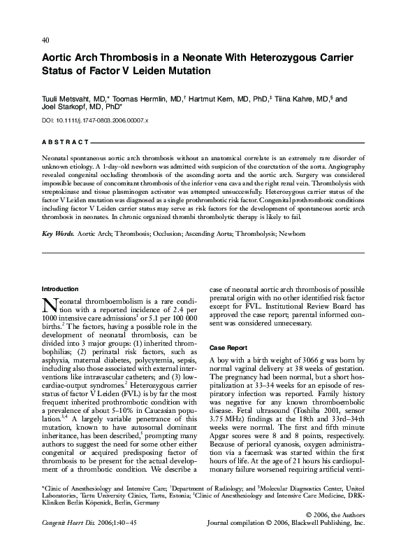 (PDF) Aortic Arch Thrombosis in a Neonate With Heterozygous Carrier ...