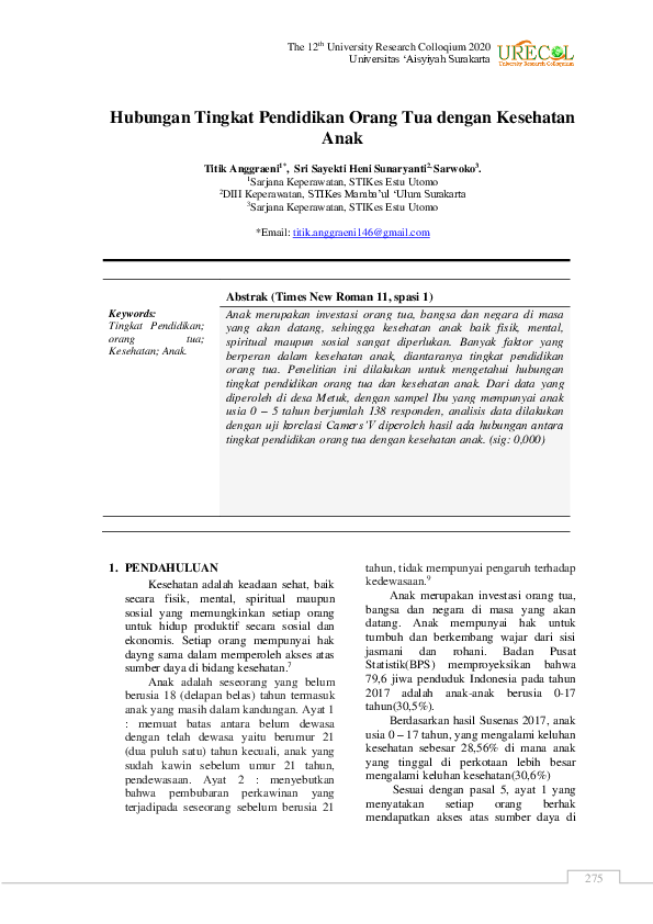 (PDF) Hubungan Tingkat Pendidikan Orang Tua dengan Kesehatan Anak
