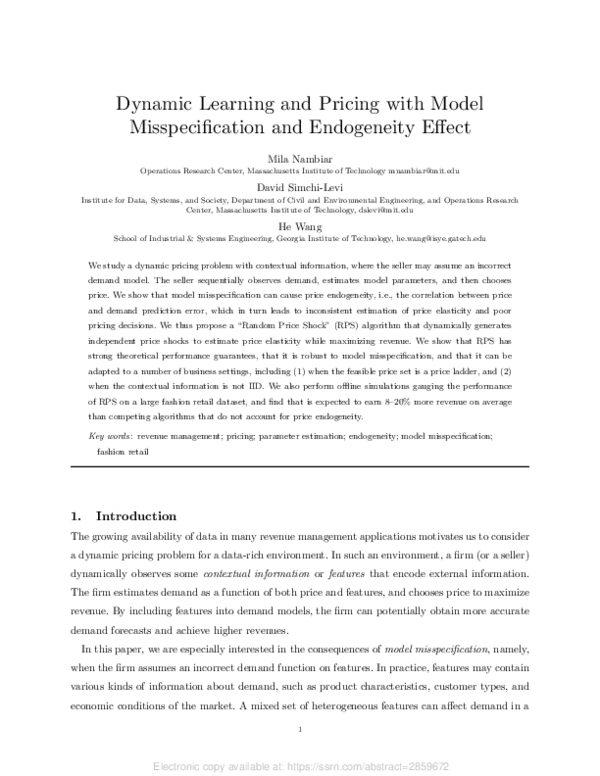 (PDF) Dynamic Learning and Pricing with Model Misspecification and Endogeneity Effect