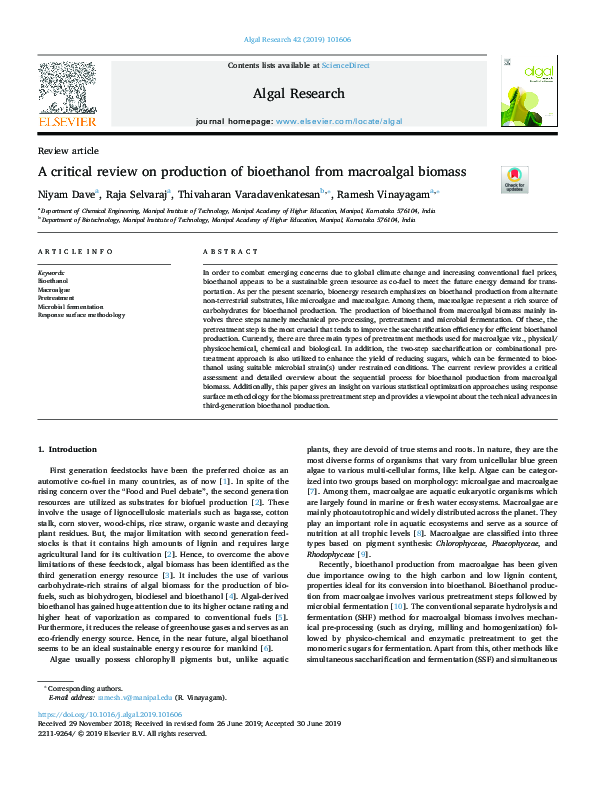 (PDF) A critical review on production of bioethanol from macroalgal biomass
