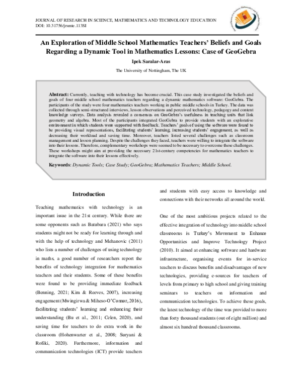 (PDF) An Exploration of Middle School Mathematics Teachers’ Beliefs and Goals Regarding a ...