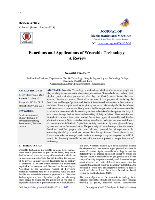 (PDF) Functions and Applications of Wearable Technology - A Review