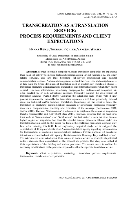 (PDF) Transcreation as a translation service: Process requirements and ...