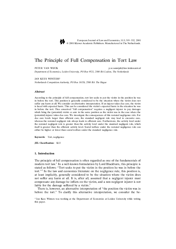 (PDF) The principle of full compensation in tort law