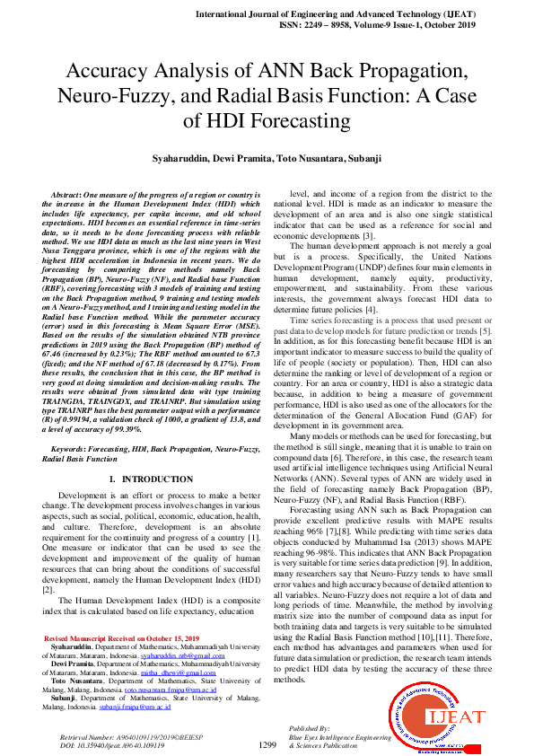 Accuracy Analysis of ANN Back Propagation, Neuro-Fuzzy, and Radial Basis Function: A Case of HDI ...