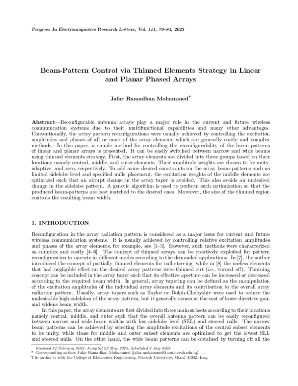 Pdf Beam Pattern Control Via Thinned Elements Strategy In Linear And Planar Phased Arrays