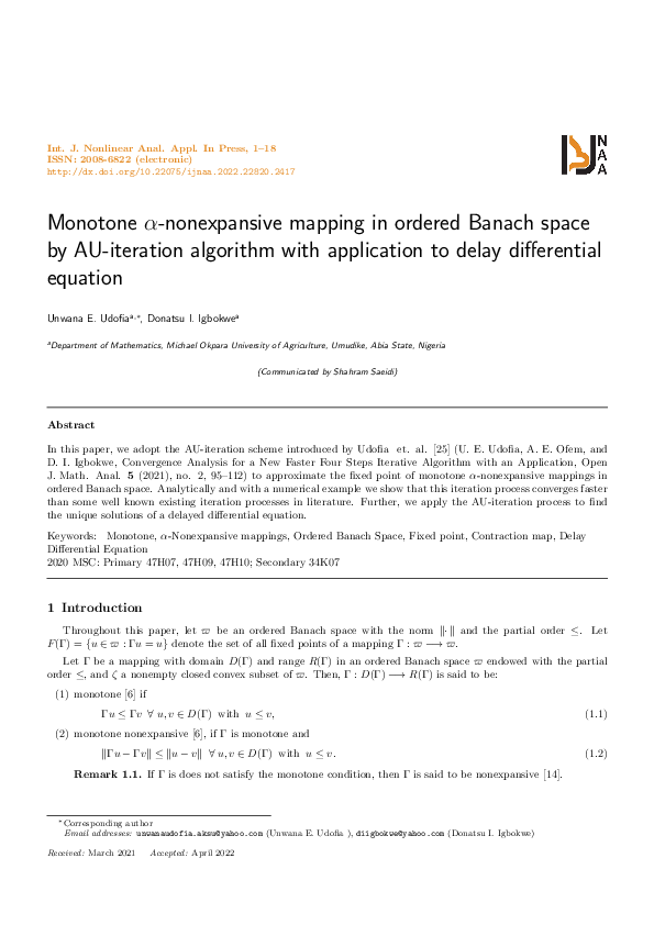 (PDF) Monotone α-nonexpansive mapping in ordered Banach space by AU-iteration algorithm with ...