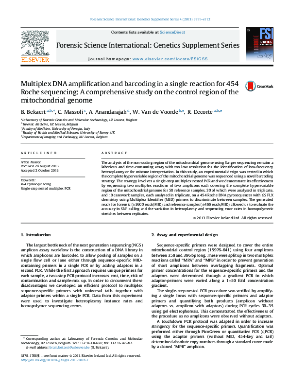 (PDF) Multiplex DNA amplification and barcoding in a single reaction for 454 Roche sequencing: A ...