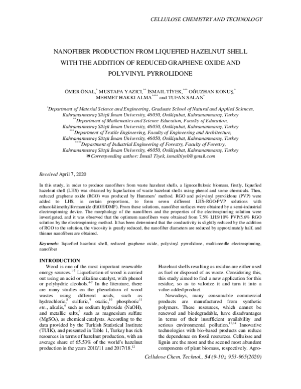 (PDF) Nanofiber Production from Liquefied Hazelnut Shell with the Addition of Reduced Graphene ...