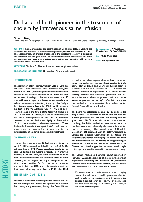 (PDF) Dr Latta of Leith: pioneer in the treatment of cholera by ...