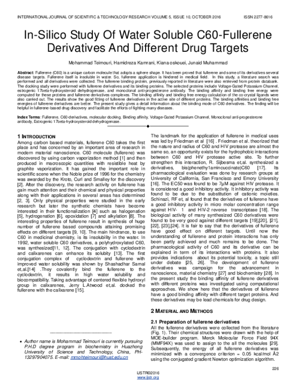 (PDF) In-Silico Study Of Water Soluble C60-Fullerene Derivatives And Different Drug Targets