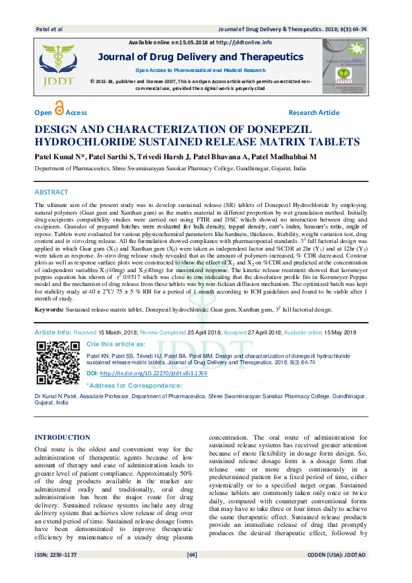 Pdf Design And Characterization Of Donepezil Hydrochloride Sustained Release Matrix Tablets