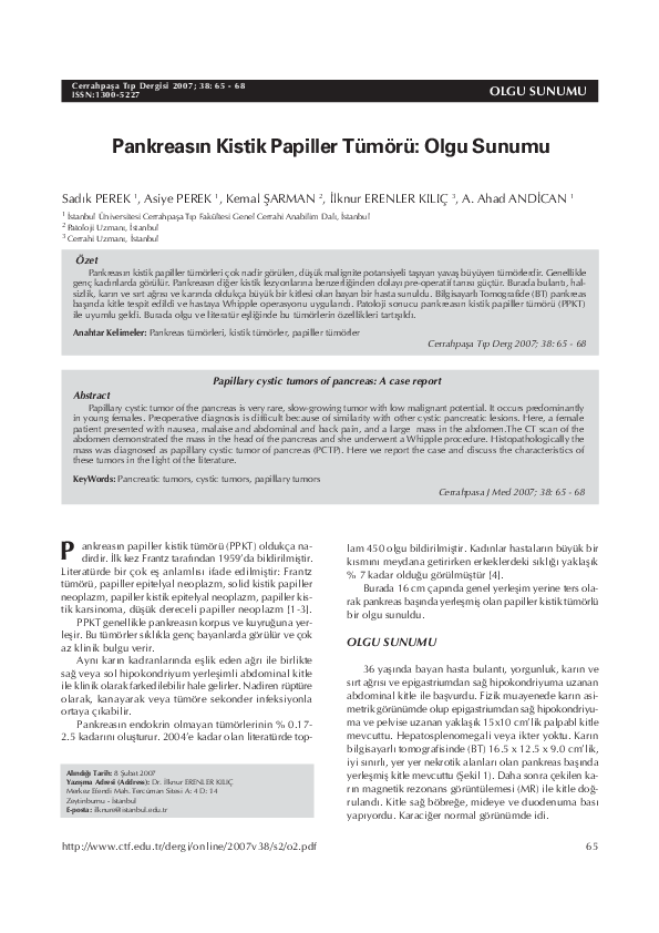 (PDF) Pankreasın Kistik Papiller Tümörü: Olgu Sunumu