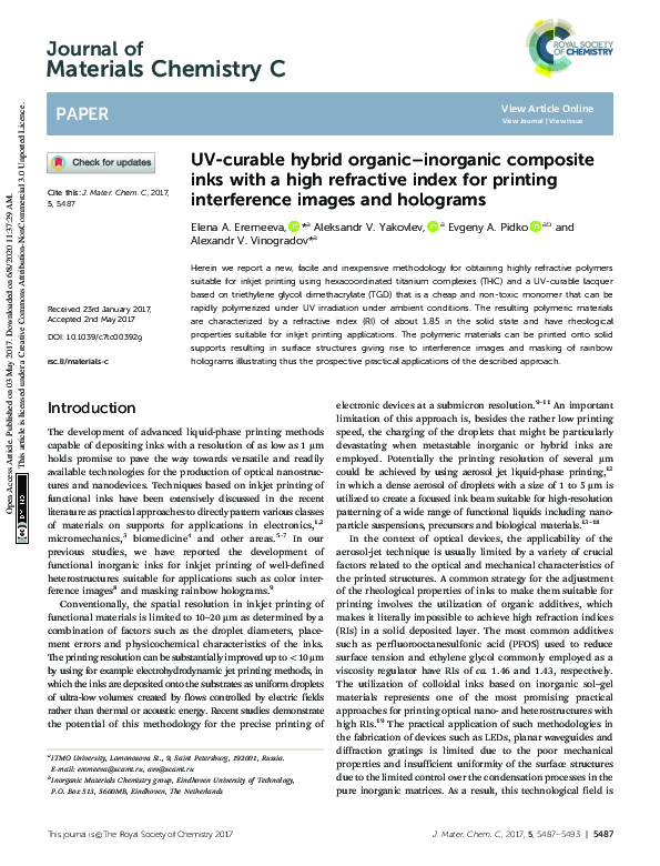 (PDF) UV-curable hybrid organic–inorganic composite inks with a high ...